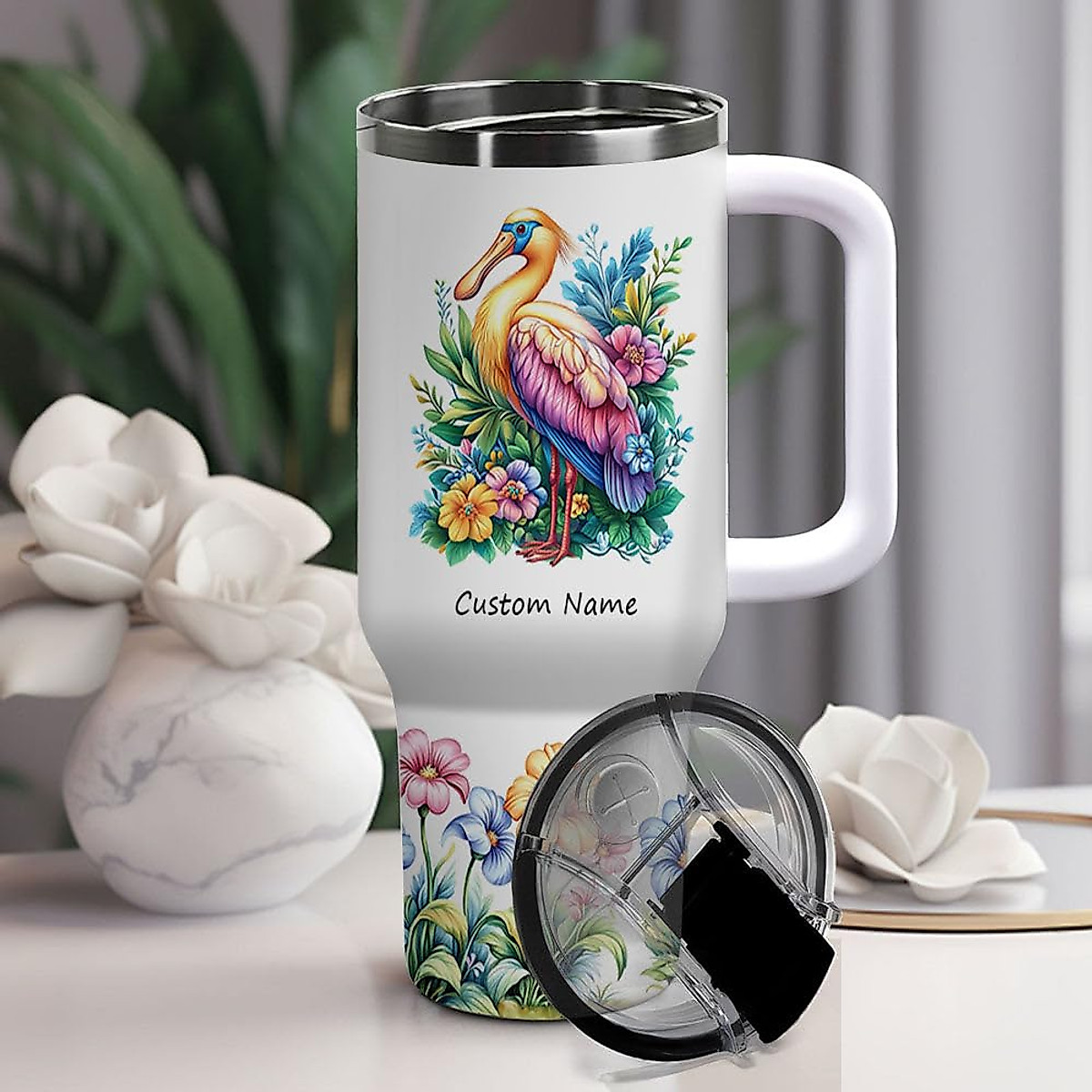 Personalized Roseate Spoonbill Tumbler 40oz – Stainless Coffee Travel Mug with Lid and Straw – Animal Gift for Women Girls Birdwatcher Christmas Birthday lj7dUe