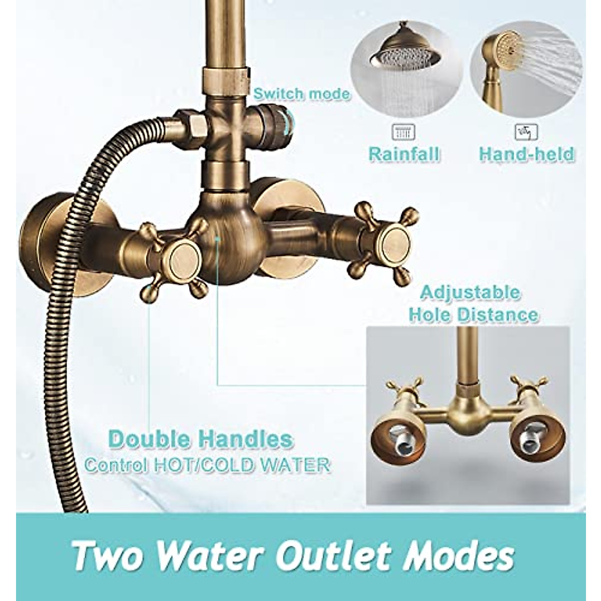 Gmusre Antique Brass Shower Faucet Fixture Wall Mount Brass Rainfall Shower Set 8 Inch Shower Head Dual Cross Handheld Shower Bathroom Shower Faucet System include Shower Shelf