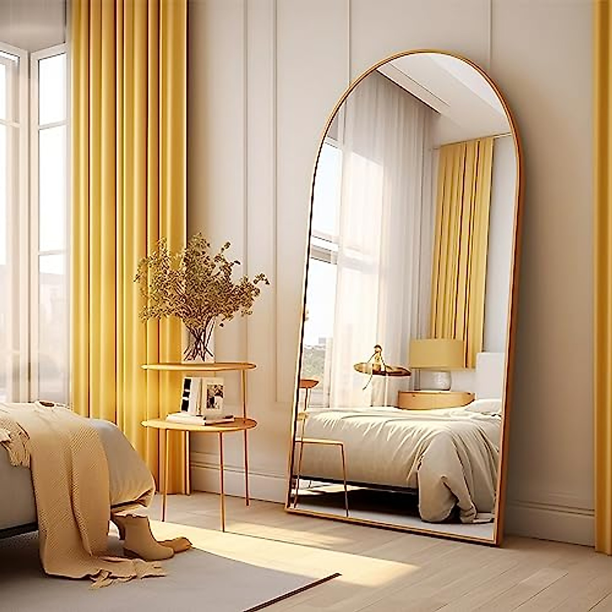 ABSWHLM 71"x32" Arched Mirror Full Length Large Mirror with Stand Aluminum Alloy Frame Floor Mirror for Living Room, Bedroom Hanging Standing or Leaning Wall-Mounted, Gold