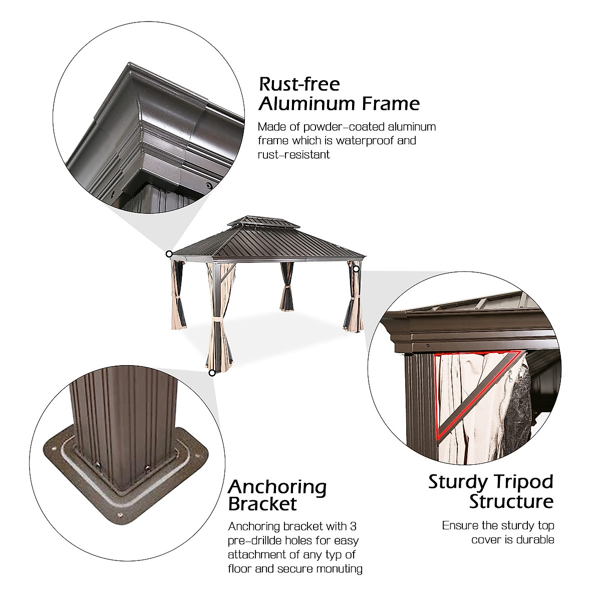 10'x12' Hardtop Gazebo, Outdoor Aluminum Permanent Pavilion Gazebo with Curtains and Netting, Brown Galvanized Steel Metal Double Roof Canopy Gazebo and Aluminum Frame for Patios, Gardens, Lawns