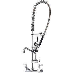 CWM Commercial Sink Faucet with Sprayer-43 Inch Commercial Kitchen Faucet 8 Inches Center Wall Mount Pre Rinse Faucet with 12 Inches Add on Spout
