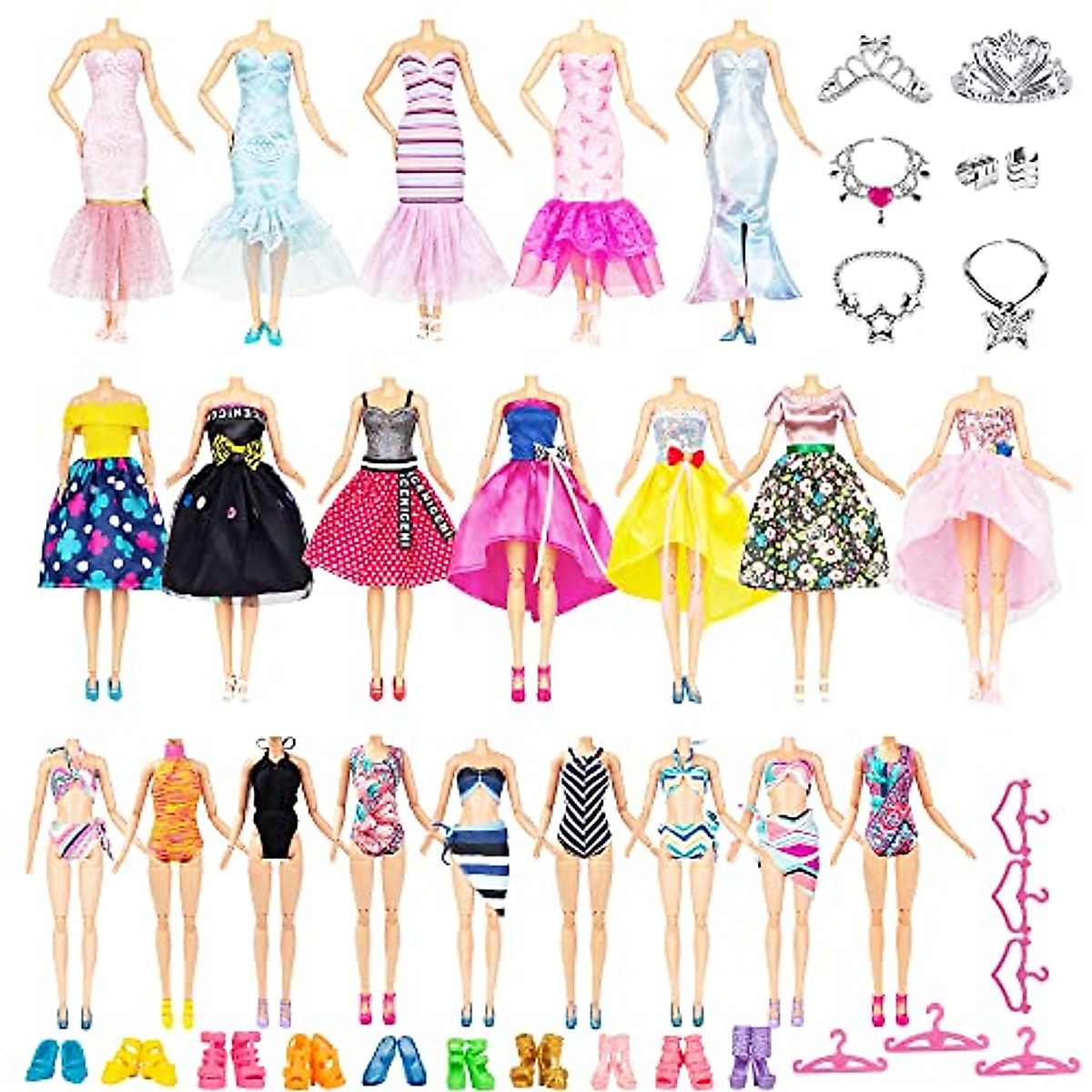 Doll Clothes and Accessories - 34 Items Unique H-Douture, 5 Party Dress, 3 Beautiful Fishtail Skirt and 3 Quality Swimsuit, Hanger Crown Necklace Bracelet Pack and 10 Shoes