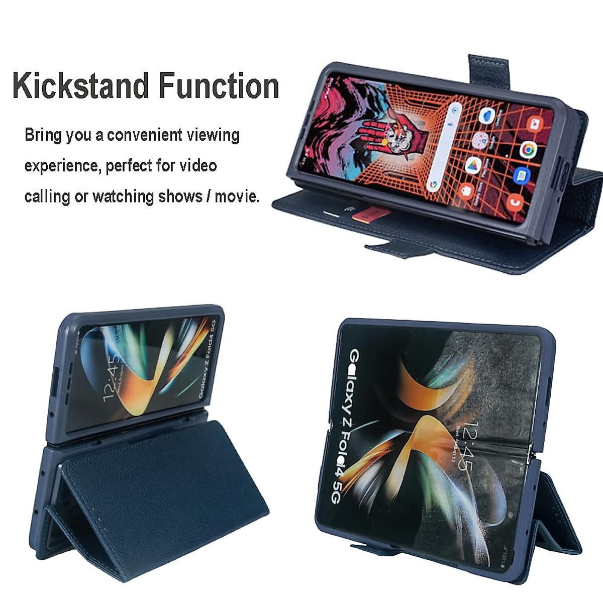 Woluki for Samsung Galaxy Z Fold 5 Case with S Pen Holder, Genuine Leather Wallet Case Built-in Slide Camera Cover, Hinge Protection, Kickstand, Stylus Slot Phone Case for Galaxy Z Fold5 5g (Blue)