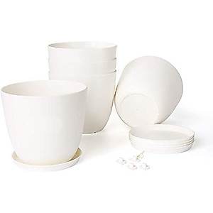 Mkono 6.5" Plastic Planters with Saucers, Indoor Set of 5 Flower Plant Pots Modern Decorative Gardening Pot with Drainage for All House Plants, Herbs, Foliage Plant, and Seeding Nursery, Cream White