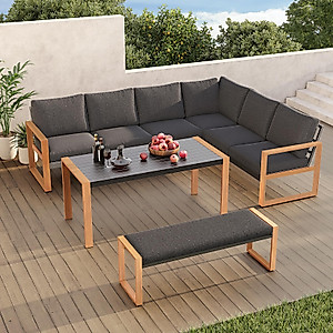 Grand patio 4-Piece Aluminum Patio Furniture Set, L Shaped Outdoor Sectional Couch with Dining Table and Bench, Modern Outdoor Conversation Corner Sofa with Chaise, Faux Wood Grain Finish