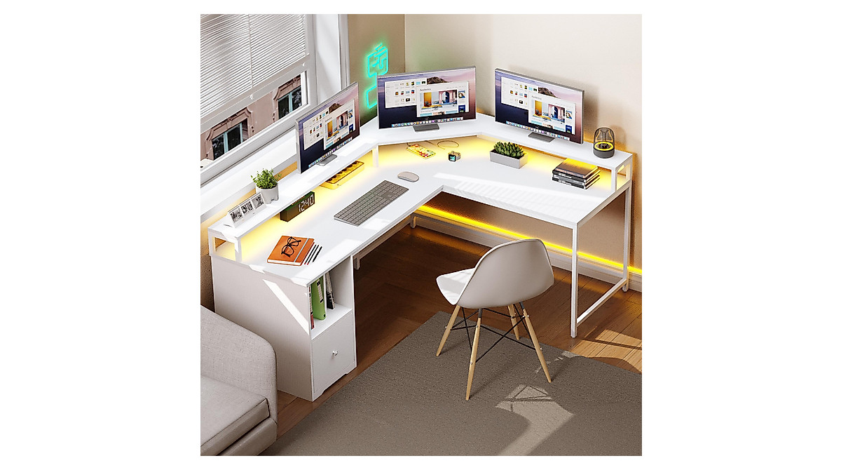 DWVO L Shaped Desk with Drawer & 3 Cubbies Storage Shelves, 67" Corner ...