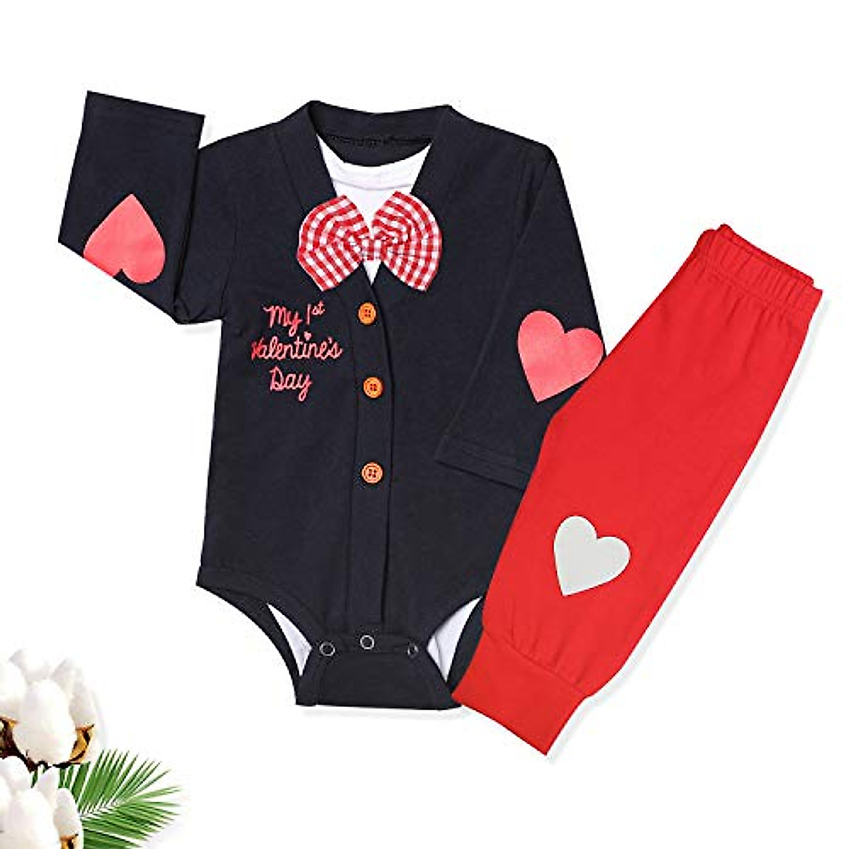 My First Valentines Day Baby Boy Outfit Long Sleeve Rompers Heart Printed Pants 3PC Set 3-6 Months Navy Blue