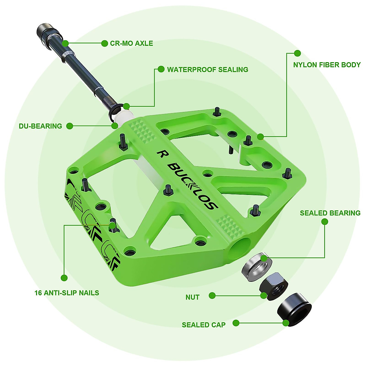 BUCKLOS Mountain Bike Pedals MTB Pedals Flat, Bicycle Road Bike Adult Large Platform Pedal with Non-Slip Grips for Gravel/Ebike/Hybrid Bikes/Beach Cruiser(9/16 Nylon Green)