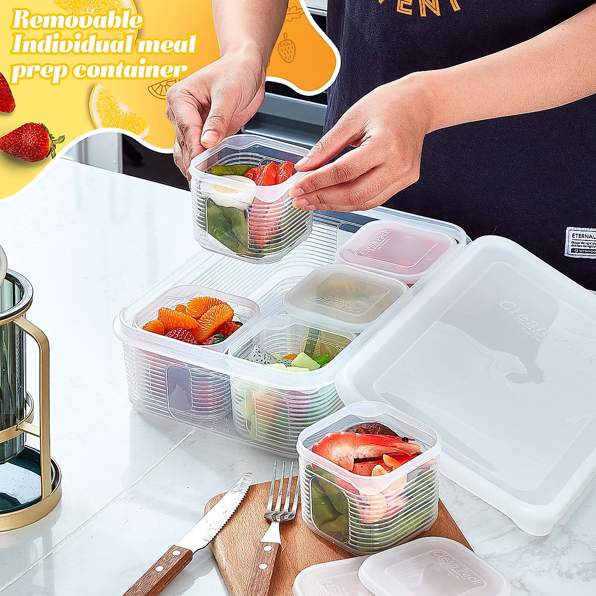Rtteri 2 Sets Salad Bar Containers for Fridge Food Storage Containers with Airtight Lids Divided Pizza Salad Storage Include 6 Pcs Removable Reusable Box No BPA