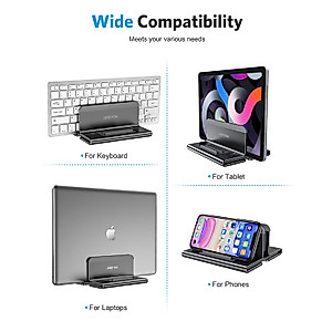 OMOTON Upgraded Laptop Vertical Stand, 3-in-1 Laptop Holder Dock with Sturdy Silicone Pads for Ultra Protection, Suitable for iPhone/iPad/MackBook Pro/Surface/Samsung/Android Tablets, Black