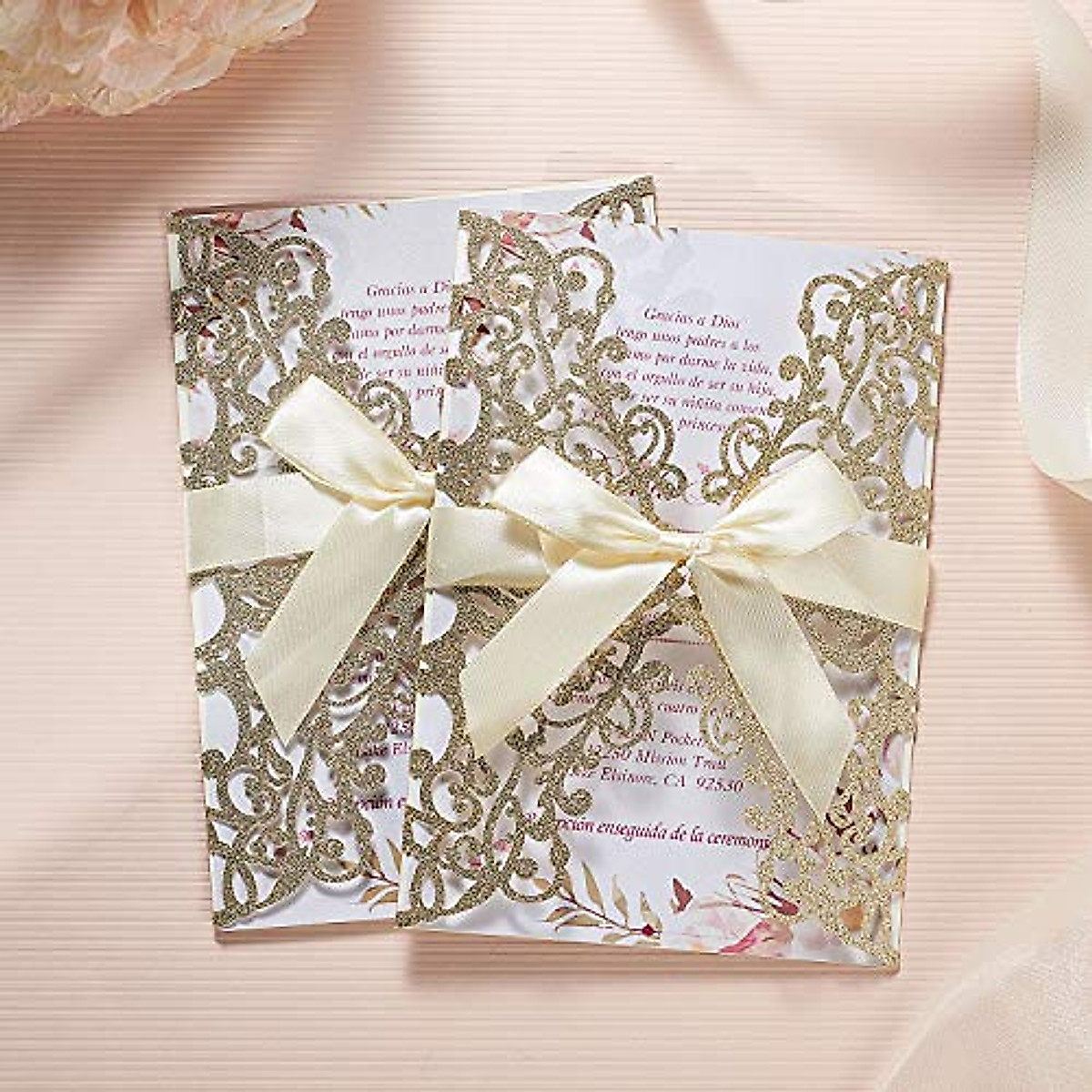 AdasBridal 50Pcs Glitter Floral Laser Cut Wedding Invitation Cards with Envelope Blank Inner Sheet and Ribbon for Wedding Engagement Bridal Shower Party Invite(7.09 X 4.92inch, Gold)