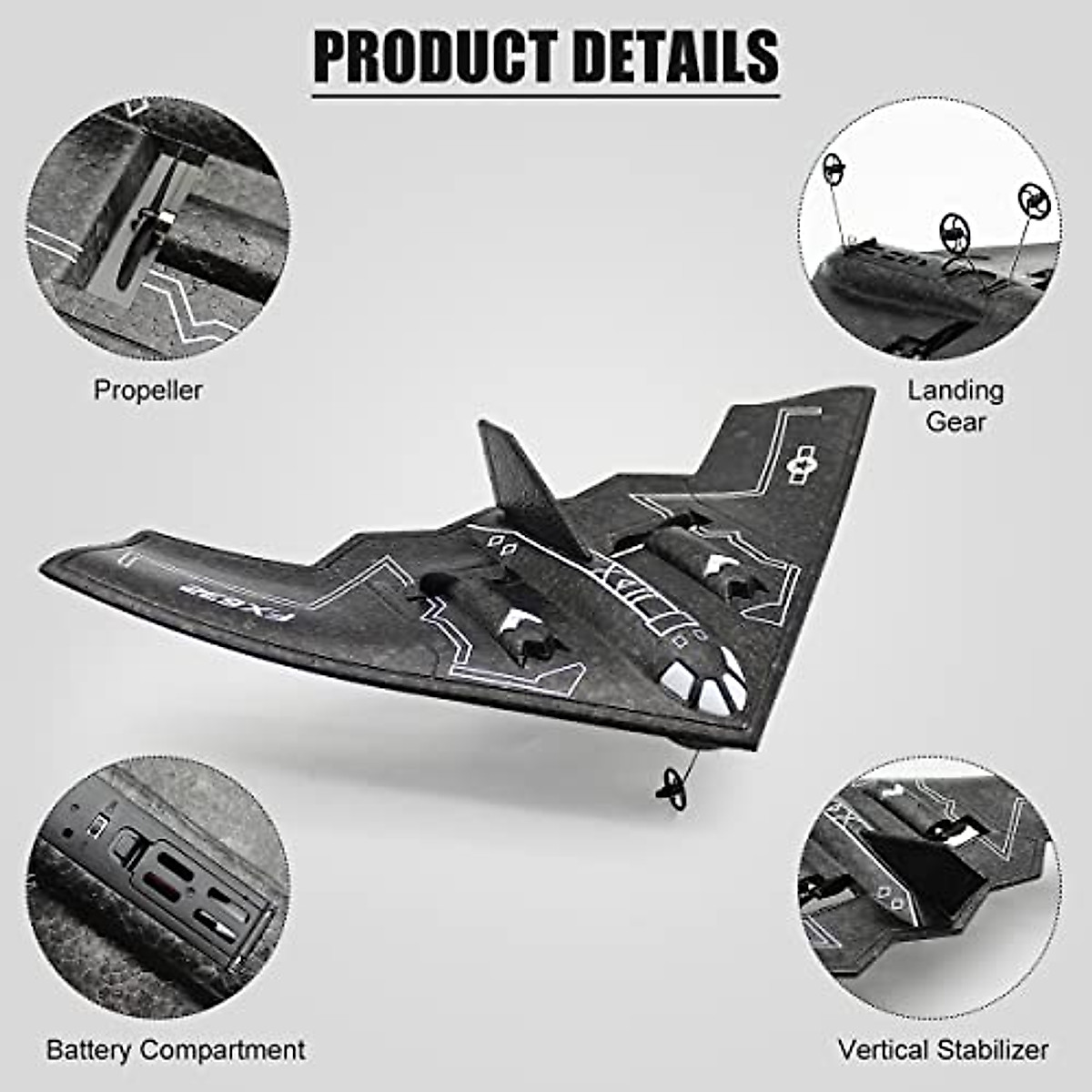 fisca RC Airplane Remote Control B-2 Spirit Stealth Bomber Plane, 2.4Ghz 2CH Foam Drone Ready to Fly Aircraft Toy for Kids and Adults