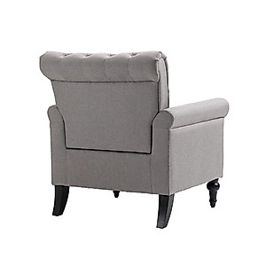 Gecheer Mid-Century Modern Accent Chair, Linen Armchair w/Tufted Back/Wood Legs, Upholstered Lounge Arm Chair Single Sofa for Living Room Bedroom, Light Grey