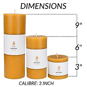 AGLARY 3"x 6" Large Beeswax Pillar Candle, Made of Pure Natural Beeswax, with Ultra Long Burning Time and Low Allergenicity-Raw，82H