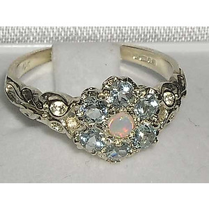 925 Sterling Silver Real Genuine Opal and Aquamarine Womens Anniversary Ring - Size 8