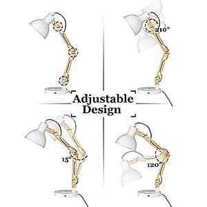 ELYONA White Desk Lamp with Wireless Charger, Solid Wood Table Lamp with USB C Charging Port, Swing Arm Reading Task Light with 5W LED Bulb for College Dorm, Office, Living Room, Bedroom, Farmhouse