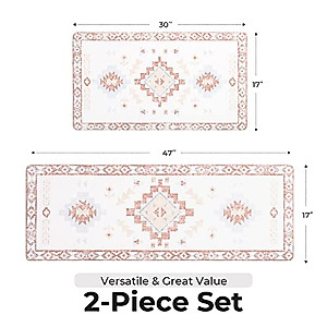 FRESHMINT Anti Fatigue Kitchen Mats for Floor 2 Piece Set, Waterproof & Non-Skid Boho Kitchen Rugs, Cushioned Kitchen Mat for Standing Washable Comfort Desk Kitchen Runners, 17x30+17x47