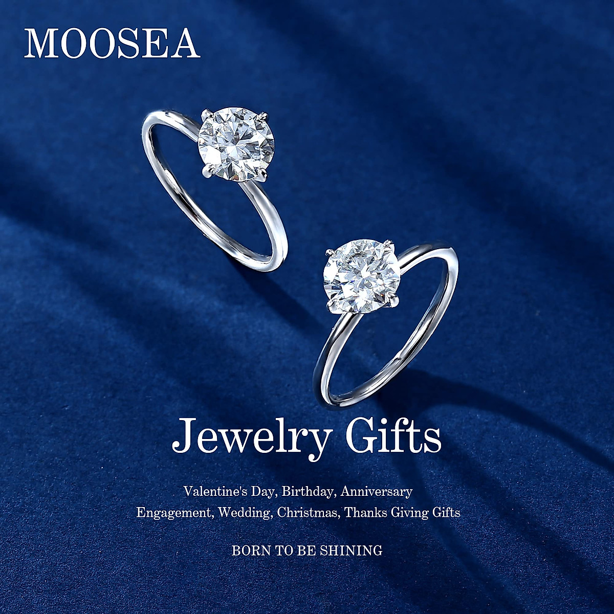 MOOSEA North Star Moissanite Rings for Women.1.5ct Round D Color VVS1 Clarity Lab Created Diamond Rings 14K White Gold Vermeil Compass Setting Moissanite Engagement Rings for Women Promise Rings