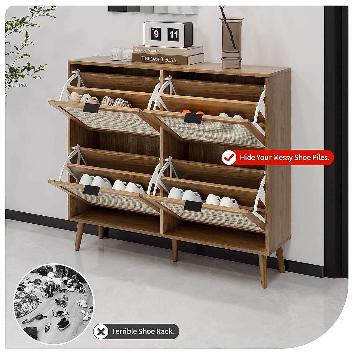 Woenei Shoe Cabinet with Flip Drawers-Modern Rattan 2-Tier Shoe Storage Organizer Cabinet,Freestanding Wood Shoe Rack with 4 Drawers for Bedroom,Mudroom,Entryway,Living Room (Walnut Brown_4 Drawers)