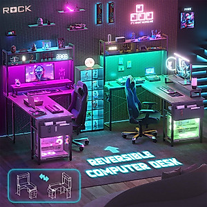 Aheaplus Small L Shaped Gaming Desk with LED Lights & Power Outlets, Reversible L-Shaped Computer Desk with Monitor Stand & Storage Shelf, Corner Desks Home Office Desk with Storage Bag, White Oak