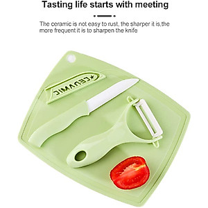 Auniwaig 3-Piece Green Kitchen Utensils, 6.30"x0.79" Ceramic Knife, 4.92"x3.15" Peeler, 7.48"x2.36" Cutting Board for Cutting Fruits Vegetables and Boneless Meat Small Set for Outdoor Camping