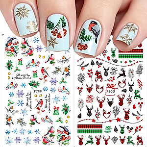 10 Sheets Christmas Nail Art Stickers Decals Self-Adhesive Pegatinas Uñas Navidad Snowflake Santa Claus Reindeer Snowman Nail Supplies Holiday Nail Art Design Decoration Accessories