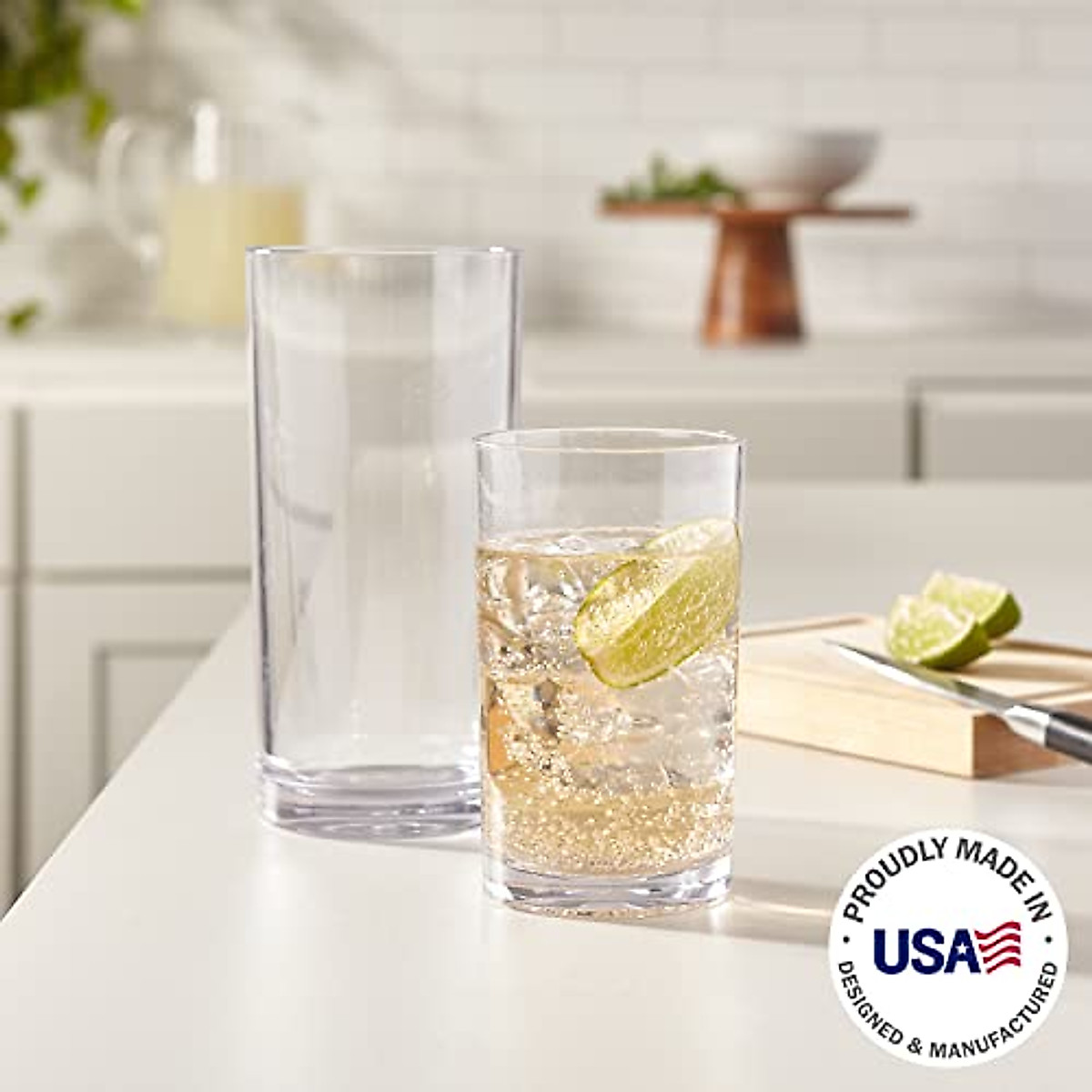 US Acrylic Classic Clear Plastic Reusable Drinking Glasses (Set of 8) 9oz Juice & 16oz Water Cups | BPA-Free Tumblers, Made in USA | Top-Rack Dishwasher Safe