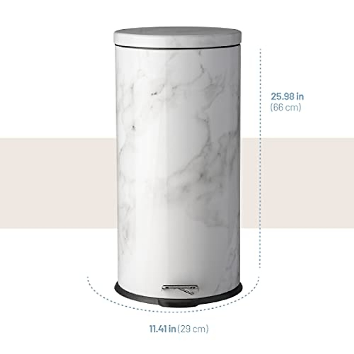 AWENN - Kitchen Garbage Trash Can with Lid and Pedal - Touchless Round Shape Waste Bin - Stainless Steel Dustbin with Removable Inner Bucket for and Outdoors – White (7.9 Gallon – 29 Liters)