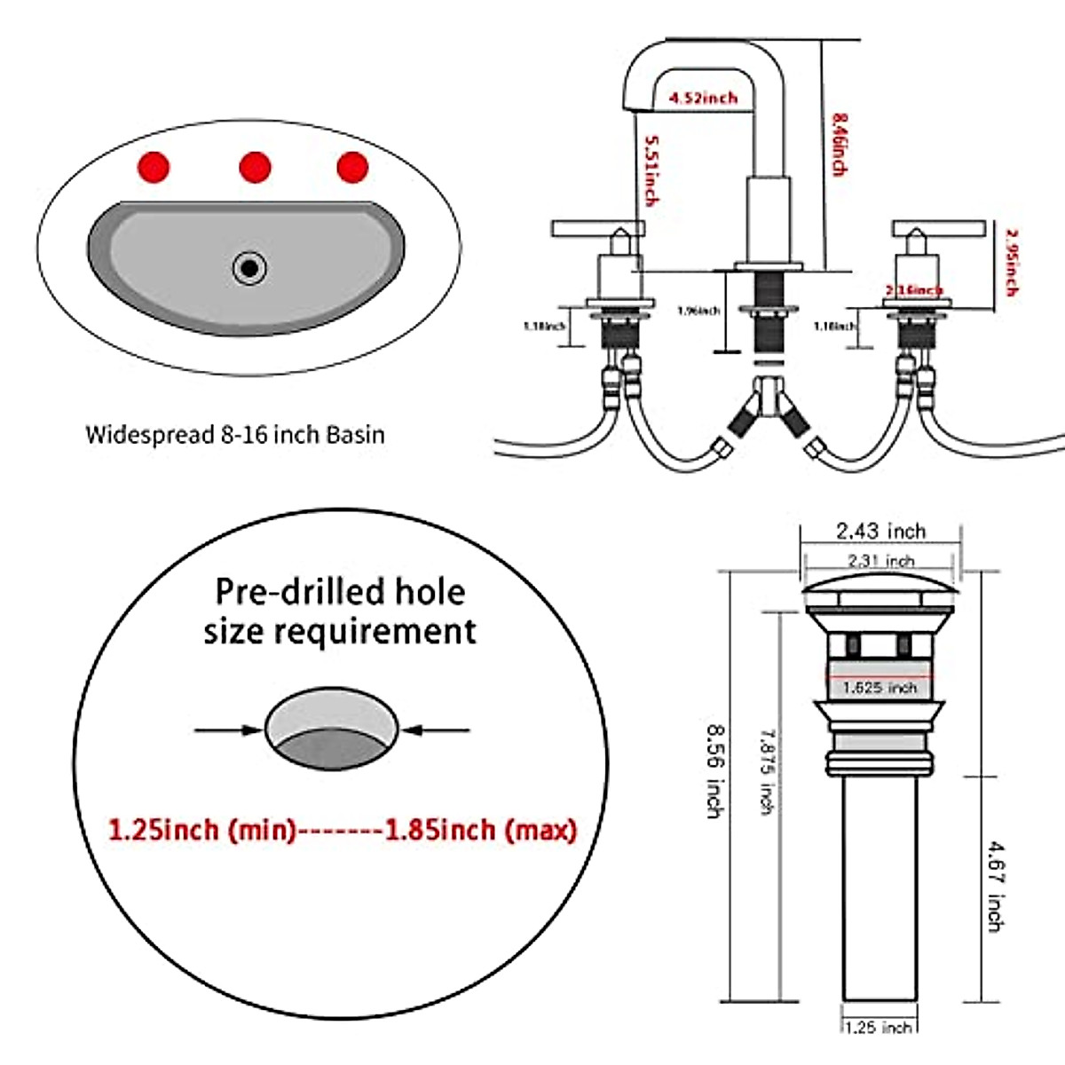 GGStudy 360° Swivel Spout Two Handles 3 Holes 8-16 inch Widespread Bathroom Sink Faucet Gold Finish Matching with Pop Up Drain