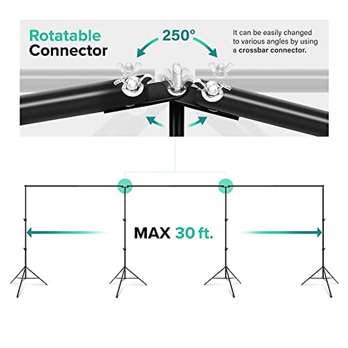Julius Studio 30 feet Max Crossbar, 250° Rotatable Angle, Triple Wide Telescopic Backdrop Stands, Background Support System with 10 Spring Clamps and 4 Counter Weight Sand Bags, JSAG795