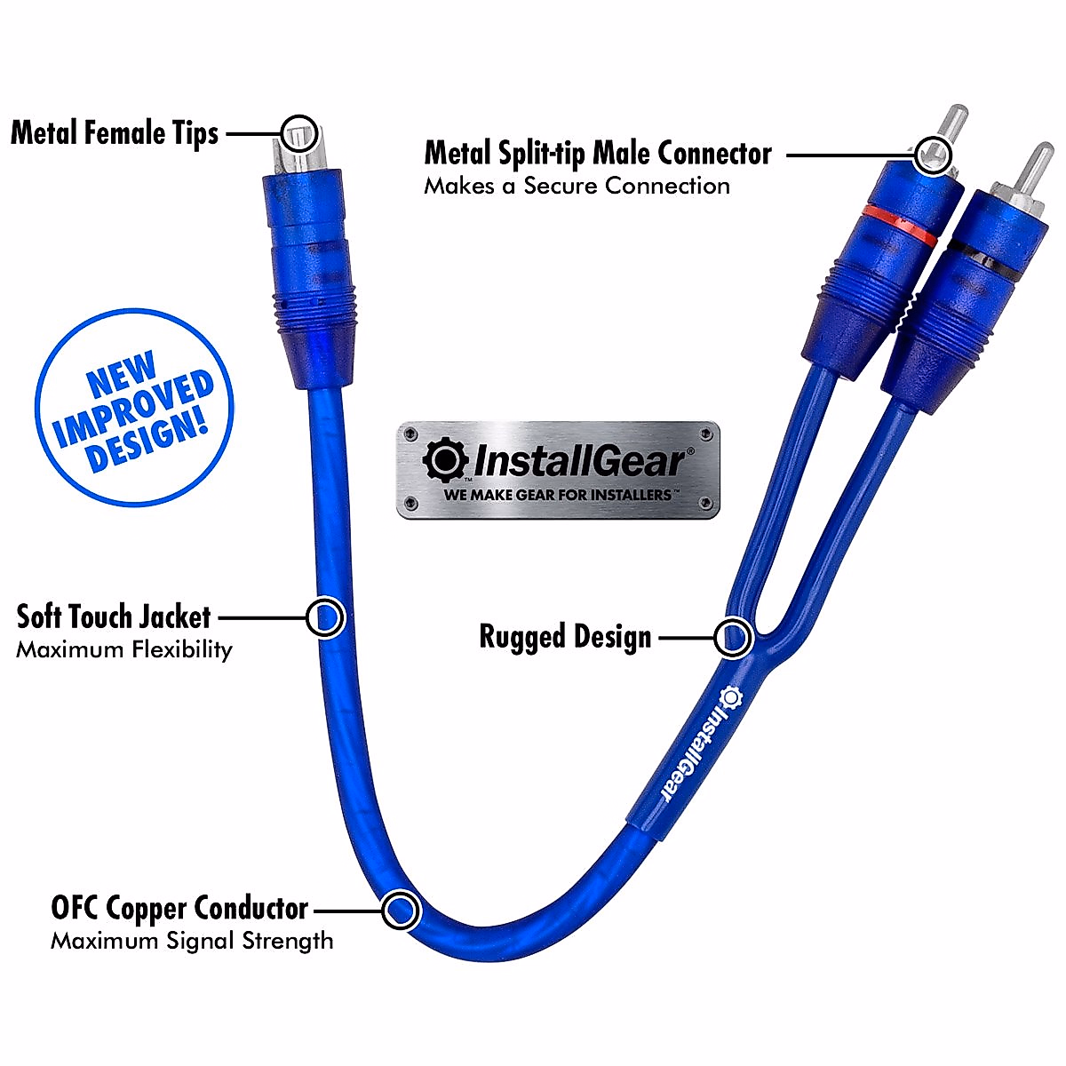 InstallGear 1ft Shielded 1 Female to 2 Male RCA Y Adapter Connector - RCA Splitter (2 Pack)