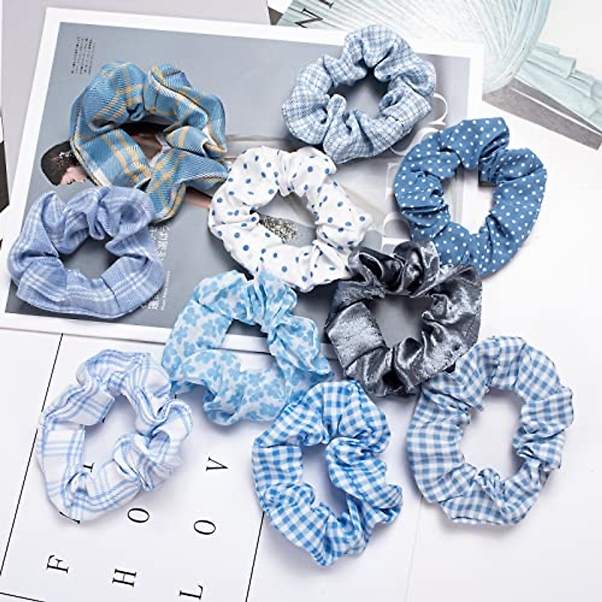 10pcs Cute Plaid Hair Ties Printed Hair Scrunchies Ponytail Holder Colorful Hair Elastics Bands Hair Accessories for Women Girls (Blue)