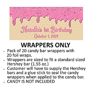 Ice Cream Party Candy Bar Wrappers, Personalized Birthday Favor, Custom Chocolate Bar Labels, Pack of 20 (Pink)