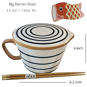 MOMOZEE Ceramic Japanese Noodle Bowl, microwave ramen bowl sets with Chopsticks with lid, microwave safe noodle bowls, instant ramen cooker,ramen bowls (circle)