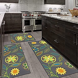 HEBE Floral Kitchen Rug Sets 3 Piece with Runner Non Slip Kitchen Rugs and Mats Washable Kitchen Mats for Floor Boho Area Rugs Doormat Carpet for Hallway Entryway Laundry Living Room