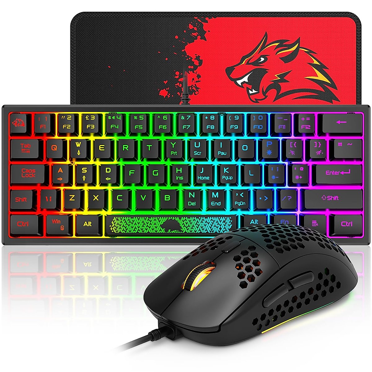 60% Gaming Keyboard and Mouse Combo Duble Color Keycaps Samll RGB Backlight Mechanical Feeling and Mechanical RGB 6400 DPI Honeycomb Optical Mouse,Gaming Mouse pad for Gamers and Typists