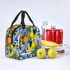 Larklitz Mediterranean Lemon On Blue Ceramic Tiles Reusable Insulated Lunch Bag for Women and Men, 8.5"x8"x5"/22x20x13 cm, Polyester
