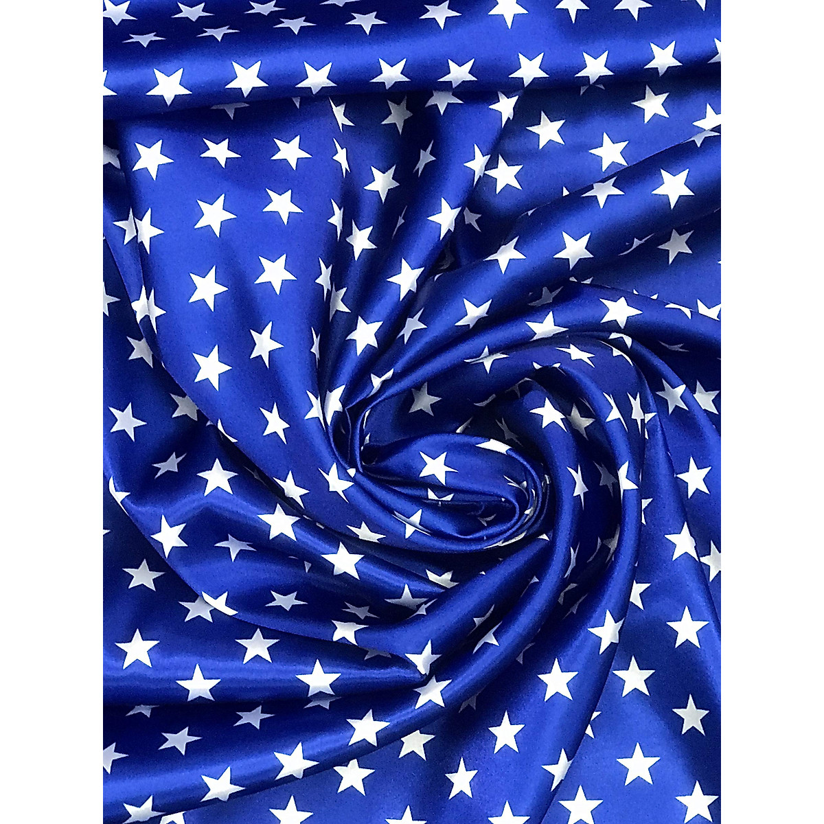 New Creations Fabric & Foam Inc, Patriotic 4th of July, White Stars on Royal Blue Satin Fabric by The Yard