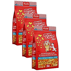 Pup Corn Plus - Puffed Dog Treats with Prebiotics and Probiotics - Chicken and Cheddar Cheese (4oz) - Made in USA (Pack of 3)