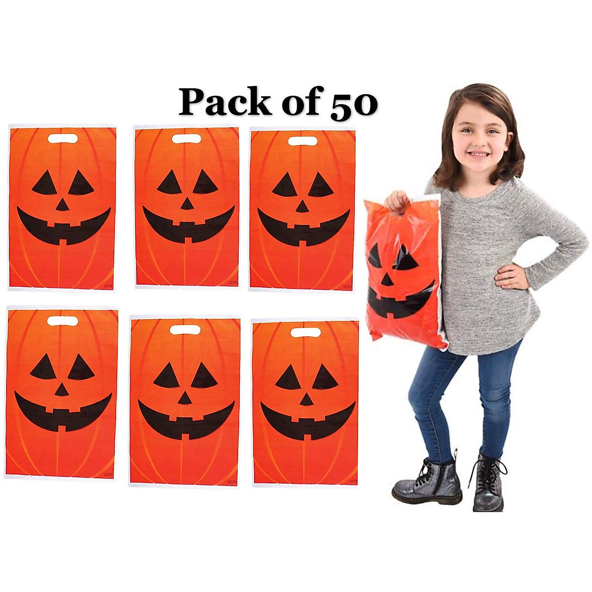 GiftExpress 50 Pieces 11" X 17" Jack O Lantern Trick or Treat Bag, Halloween Trick or Treat Bag, Halloween Party Goody Bags, Jack O Lantern Plastic Bags Bags, Halloween Goodie Bags
