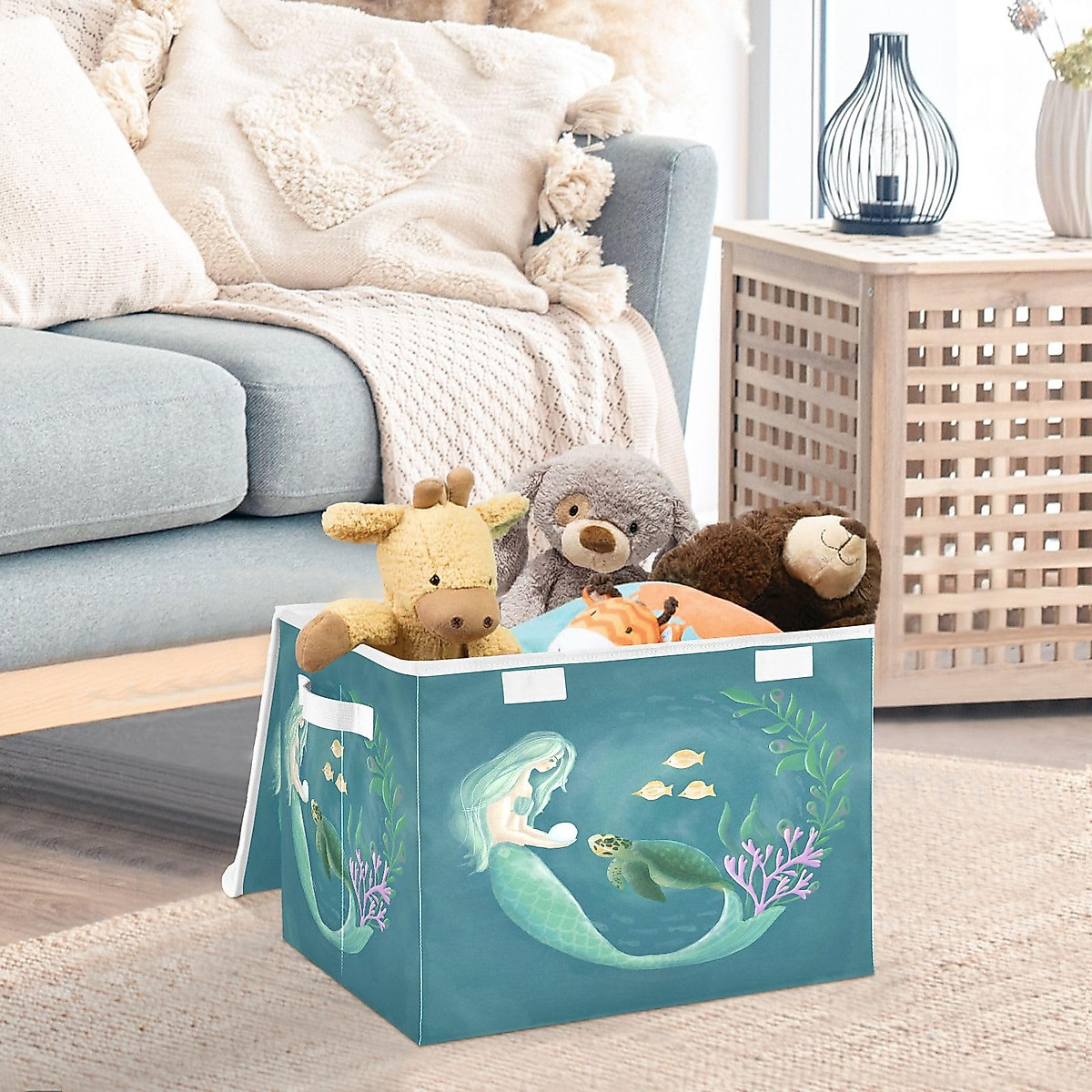 DIGTIA Summer Mermaid Turtle Storage Bins with Lids Large Pearl Sea Ocean Green Storage Basket with Handles Foldable Fabric Storage Box Organizer for Clothes Toys Closet Cabinet Home Office Bedroom