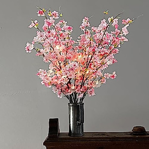 WIESSOC Silk Cherry Blossom Branches, Silk Faux Artificial Cherry Blossom, Cherry Blossom Decor Faux Floral for Home Wedding Table Centrepiece Set of 4, Gift Box with Light, Pink