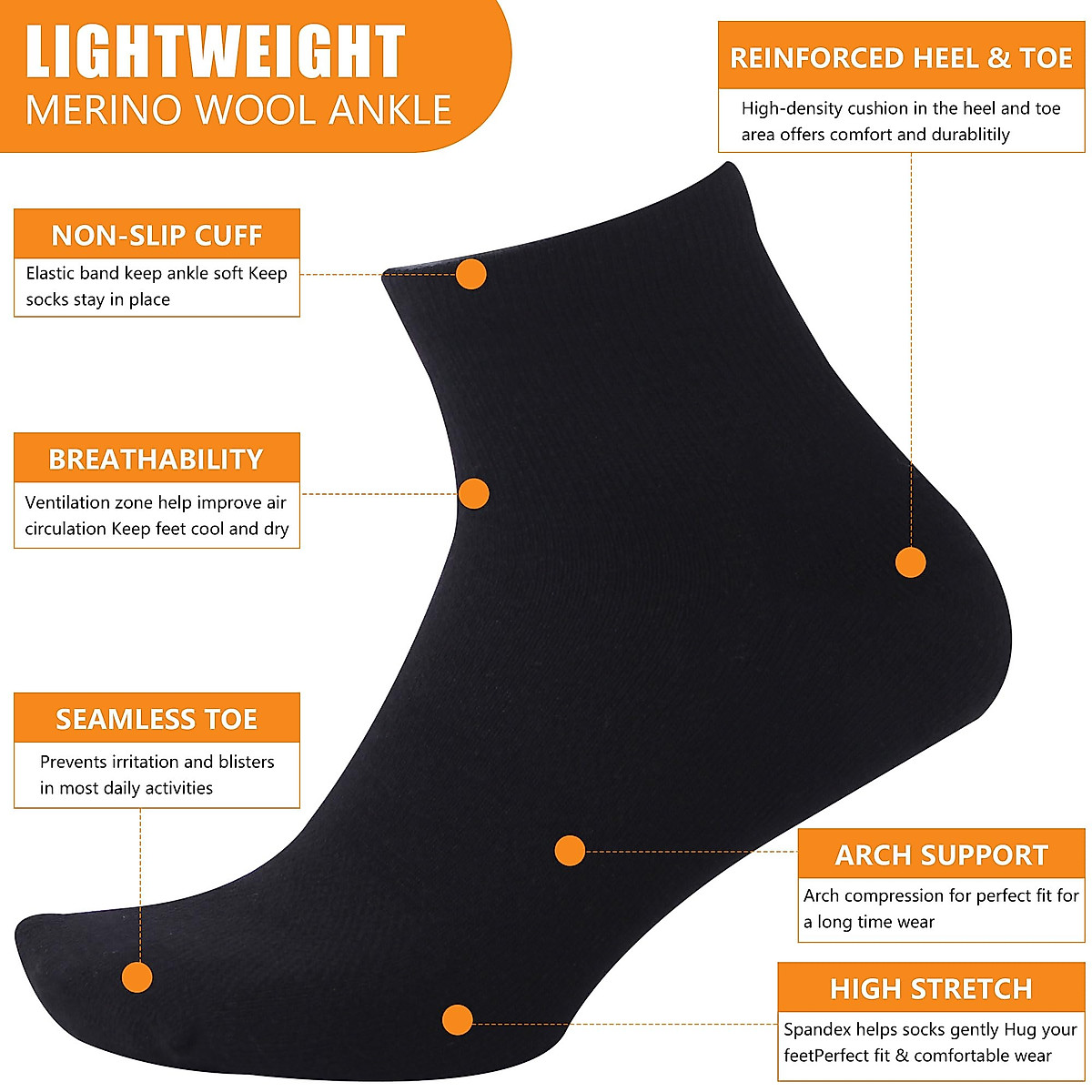 RZTT 90% Merino Wool Socks for Men, Ankle Low Cut socks Lightweight Breathable Athletic Socks Women with Arch Support,3 Pairs,Large,Black