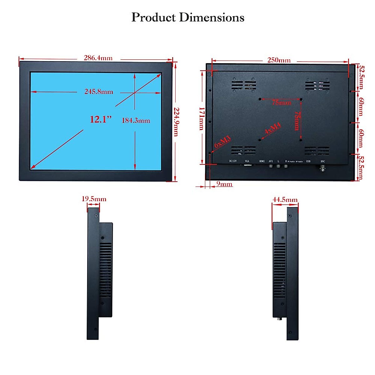 iChawk 12.1'' inch Monitor 800x600 4:3 AV BNC HDMI-in Built-in Speaker Remote Control LCD Screen for Industrial Equipment, PC Display with USB Interface Small Video Player Pluggable U-Disk W121MN-591