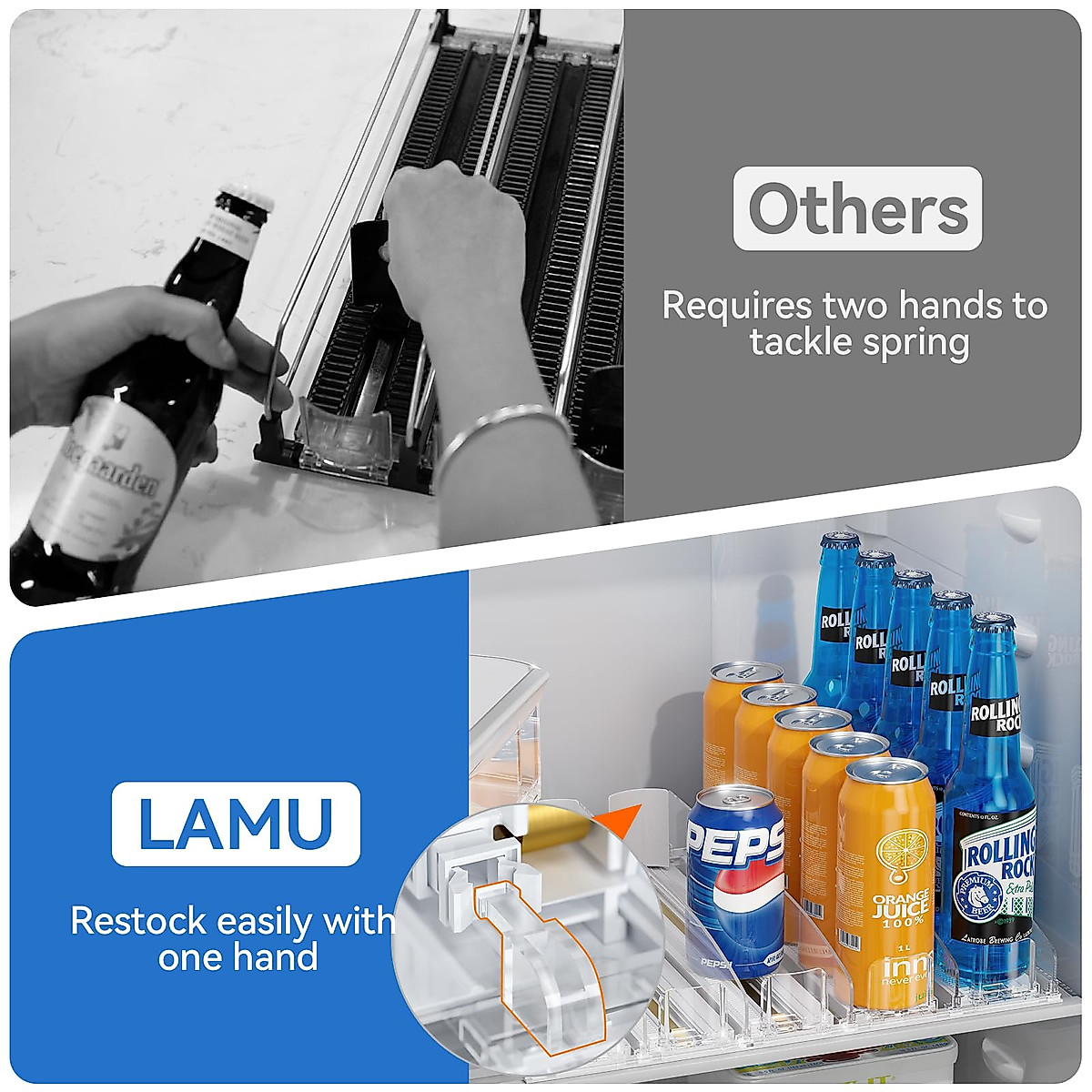 LAMU Drink Organizer for Fridge Automatic Pusher Glide Soda Can Dispenser Width Adjustable Pop Can Holder Beverage Organizer for Refrigerator 14.96"D Adjustable for 6-20oz (White 5 Rows)