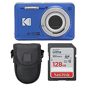 Kodak PIXPRO FZ55 Digital Camera (Blue) + Point & Shoot Camera Case + Sandisk 128GB SDXC Memory Card