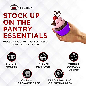 55Kitchen Silicone Cupcake Baking Cups (Pack of 14) - Large Reusable 100% Silicone Baking Cups in 7 Colors - Non-Stick Easy Clean Silicone Cups For Delicious Baking - BPA-Free Silicone Bakeware