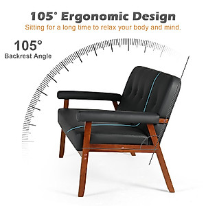 STHOUYN 50”W Black Faux Leather Small Office Couch Loveseat Sofa with Wood Arms, Mid Century Modern Love Seat Sofas Lounge Armchair Living Room Bedroom (Black (loveseat))