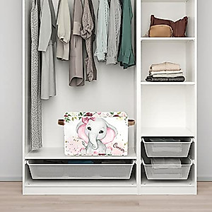 Pinkling Elephant Floral Rose Personalized Storage Bins Box Baskets with Handle Cubes Clothes Basket Box for Women Christmas Office Holiday 1 Pack