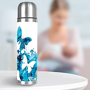 Stainless Steel Leather Vacuum Insulated Mug Blue Butterfly Thermos Water Bottle for Hot and Cold Drinks Kids Adults 16 Oz
